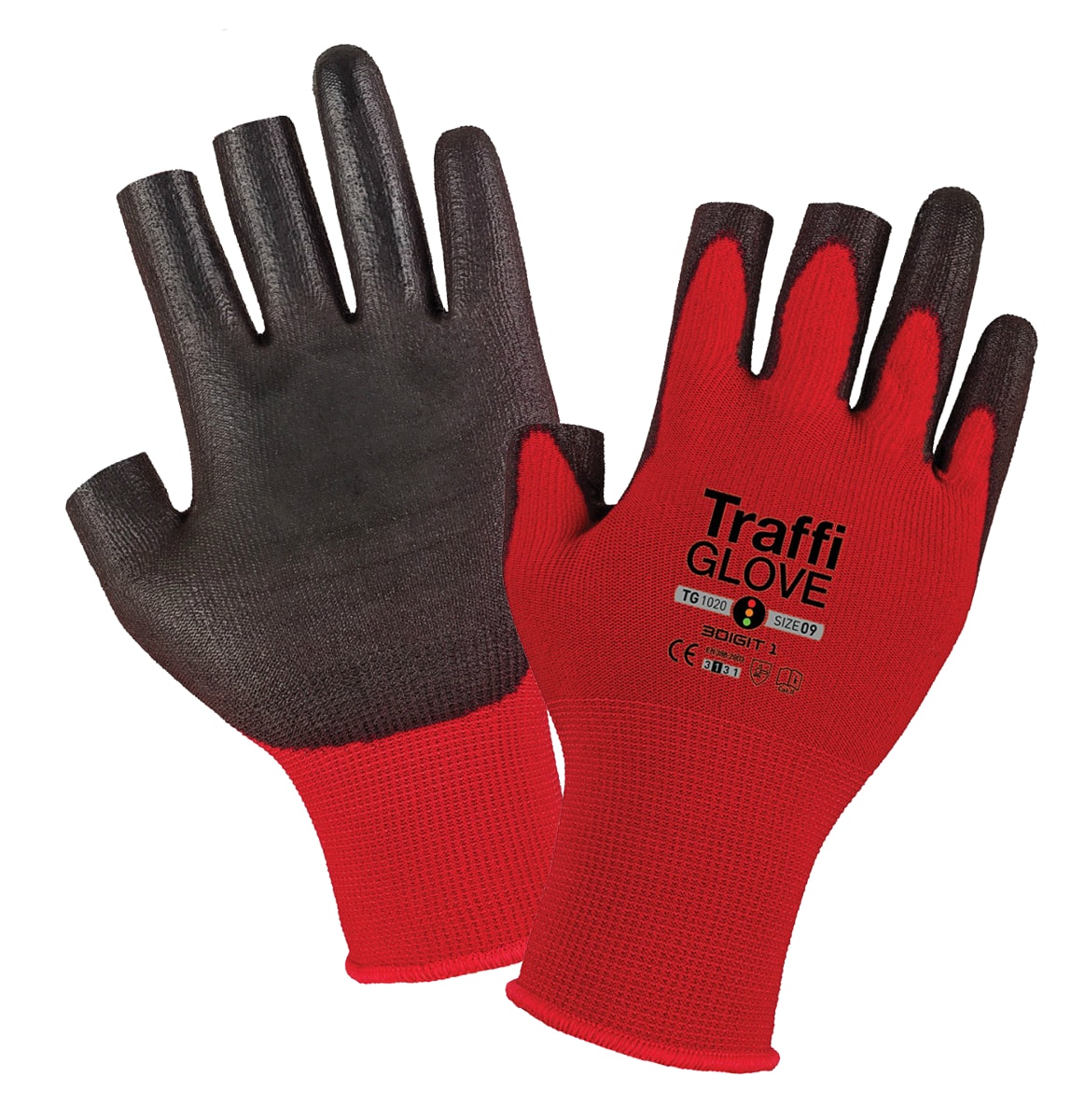 Traffiglove TG1020 3 DIGIT Safety Gloves PU Coating 3 Exposed Fingerti ...